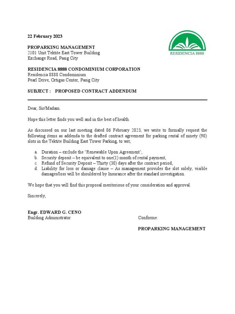 Addendum (Parking Contract) | PDF