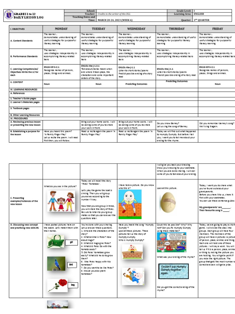 DLL - English 1 - Q3 - W6 | PDF | Learning | Literacy DLL - English 1 - Q3 - W6 | PDF | Learning | Literacy