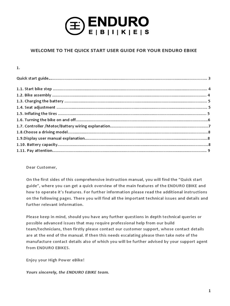ENDURO EBIKE Quick Start User Guide | PDF | Battery Charger | Electricity