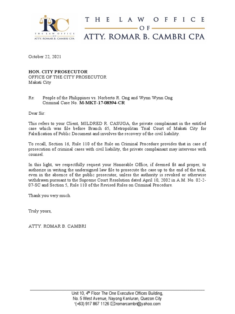 Letter To OCP Authority To Prosec | PDF