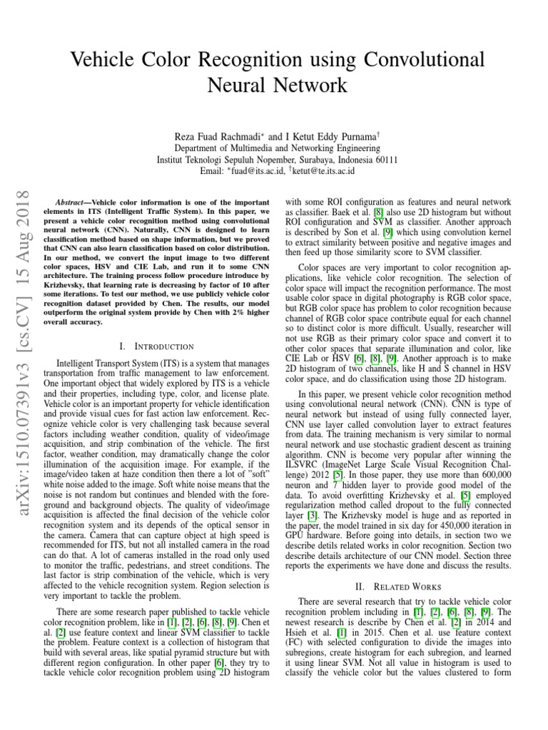 Vehicle Color Recognition Using Convolutional Neural Network | PDF | Vision | Cybernetics