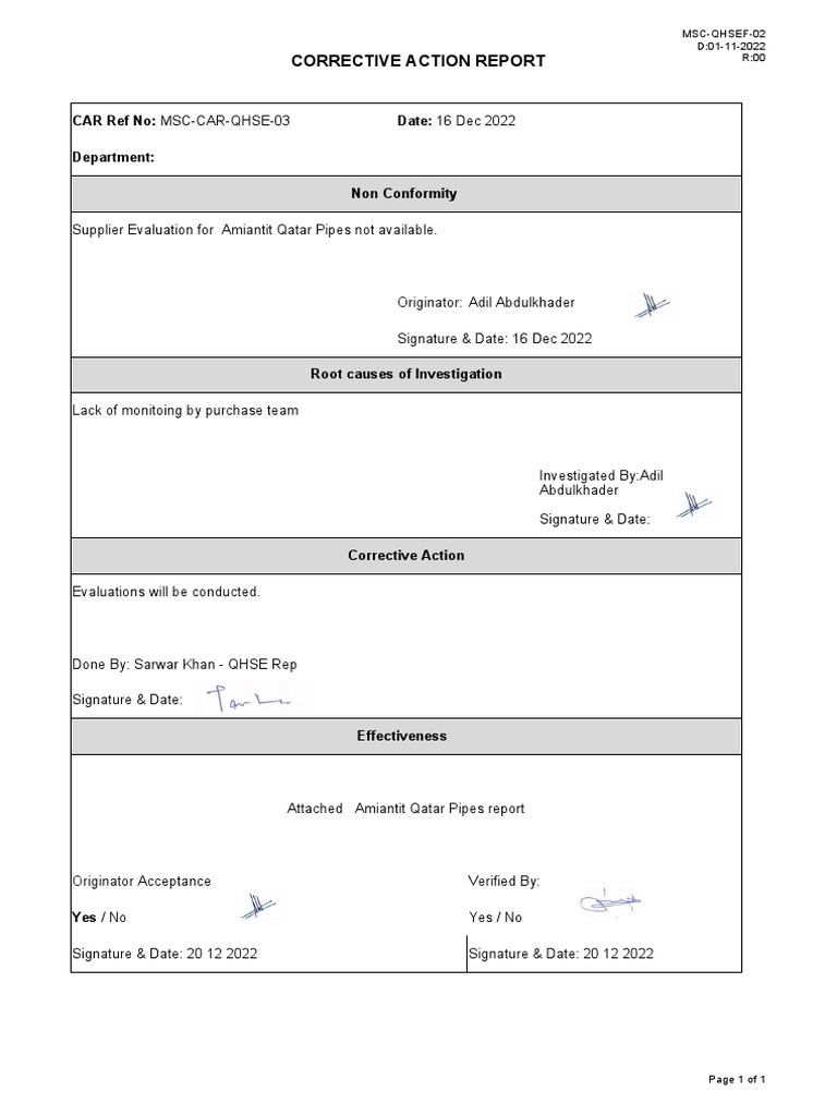 Msc-Qhsef-02 Corrective Action Form | PDF