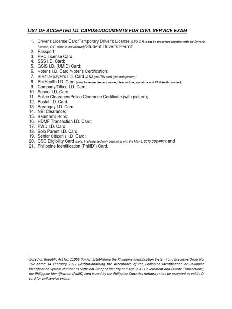 Valid IDs for Civil Service Exam | PDF