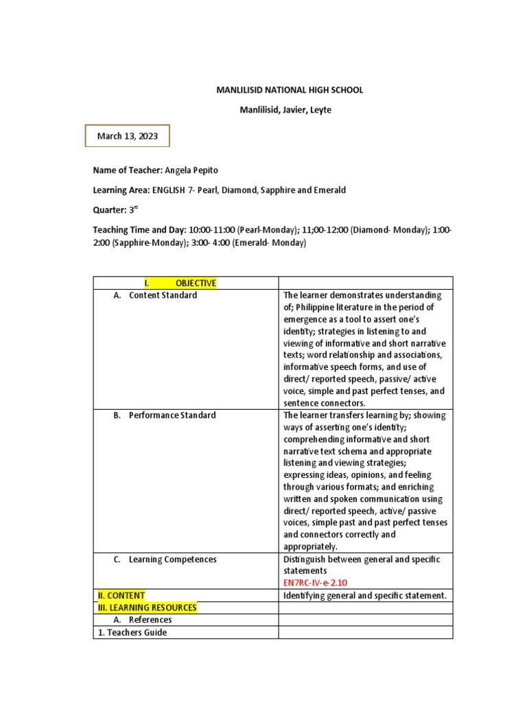 English 7 Lesson Plan: General vs. Specific Statements | PDF | Learning ...