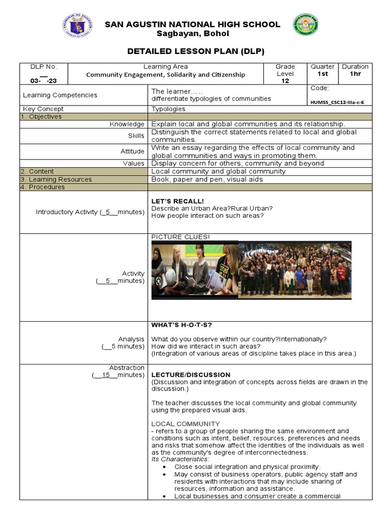 San Agustin National High School Sagbayan, Bohol Detailed Lesson Plan (DLP) | PDF | Community ...