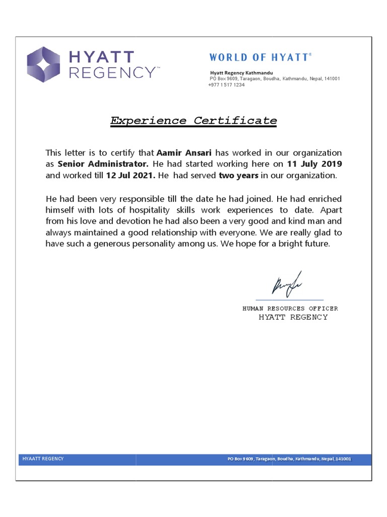 Work Experience Letter