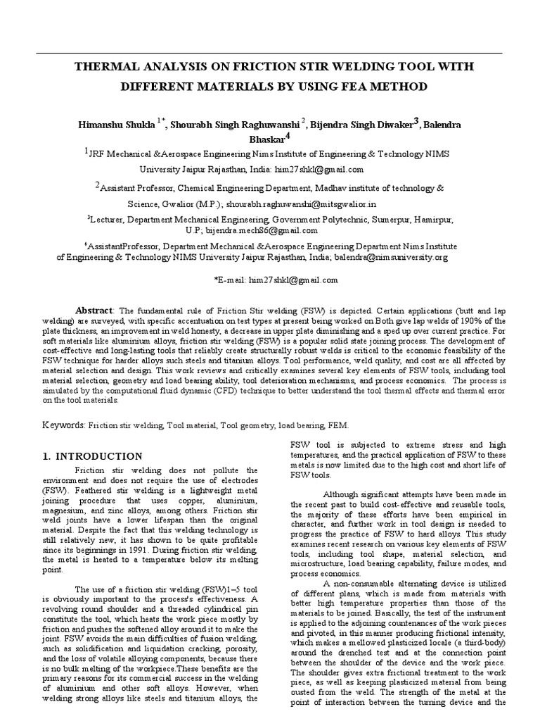 Thermal Analysis of Friction Stir Welding Tools Made from Different Materials Using Finite ...
