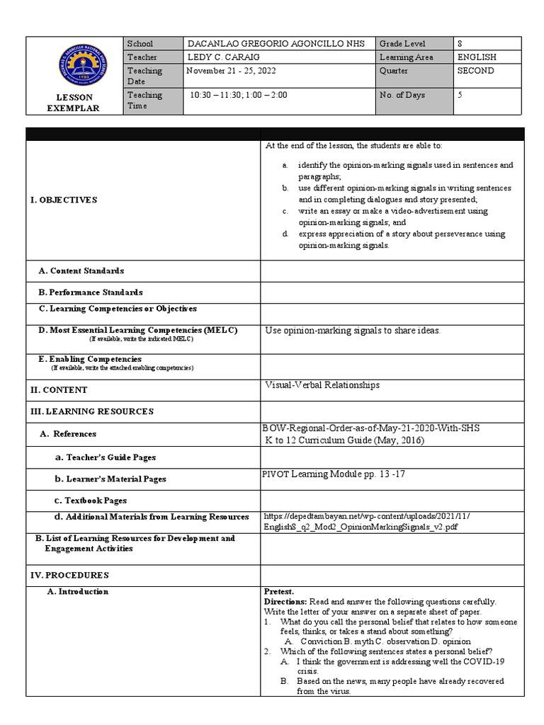 Lesson Exemplar Opinion Marking Signals | PDF | Festival