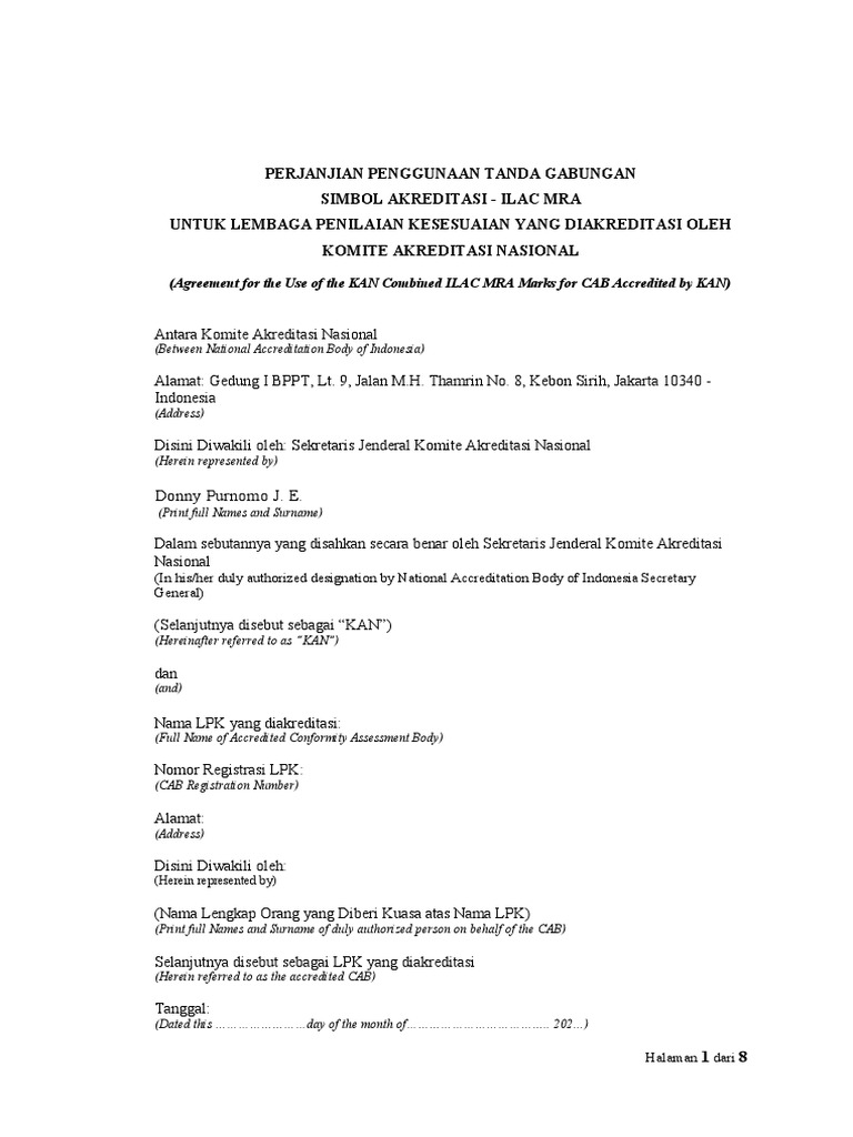 Formulir KAN U-04 Lampiran Perjanjian Penggunaan Simbol Kombinasi ILAC ...