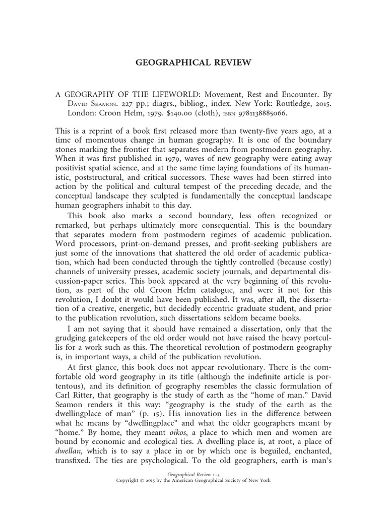 A Geography of The Lifeworld: Movement, Rest and Encounter | PDF