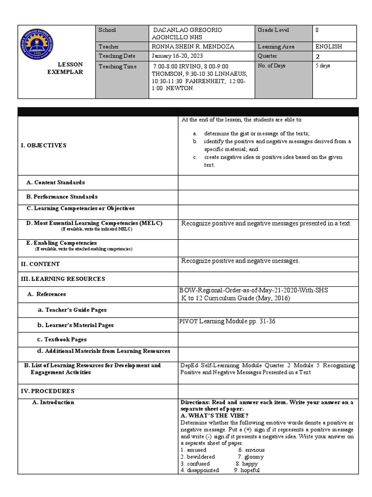 Lesson Exemplar Recognizing Positive and Negative Messages | PDF
