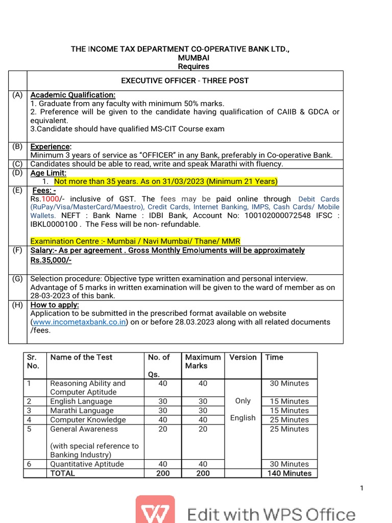 Executive Officer Positions at The Income Tax Department Co-operative Bank Ltd.: Job Description ...