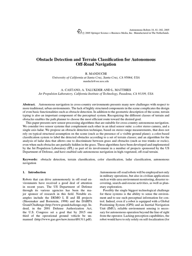 Obstacle Detection And Terrain Classification For Autonomous Off Road
