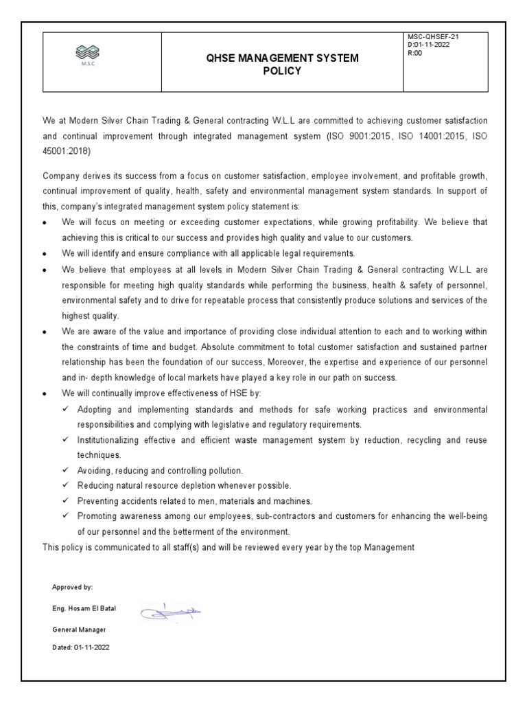 Msc-Qhsef-21 Qhse Management System Policy | PDF | Business | Natural ...