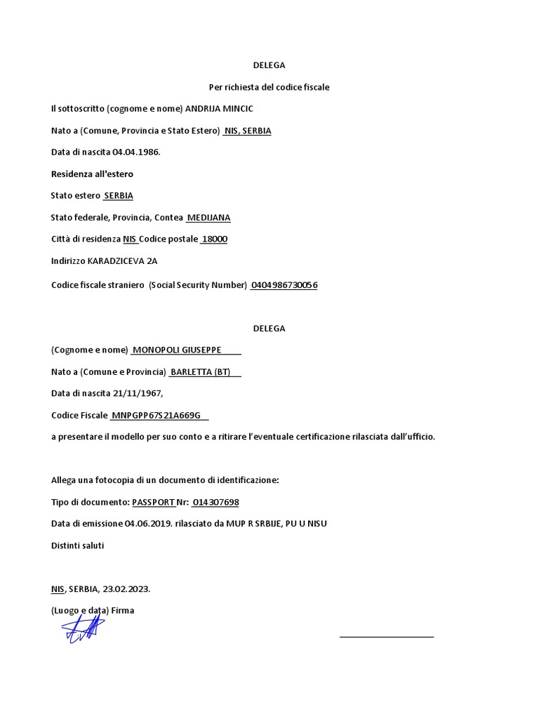 Modulo - Delega - Richiesta - Codice - Fiscale - Italiano - ANDRIJA 1 ...
