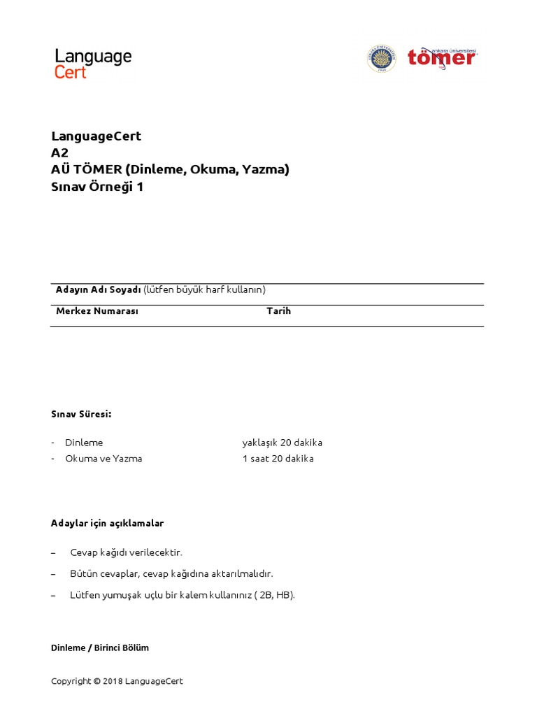 A2 Practice Paper Turkish Written PDF | PDF