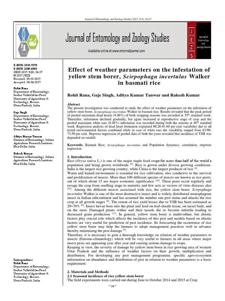 Effect of Weather Parameters On The Infestation of Yellow Stem Borer ...