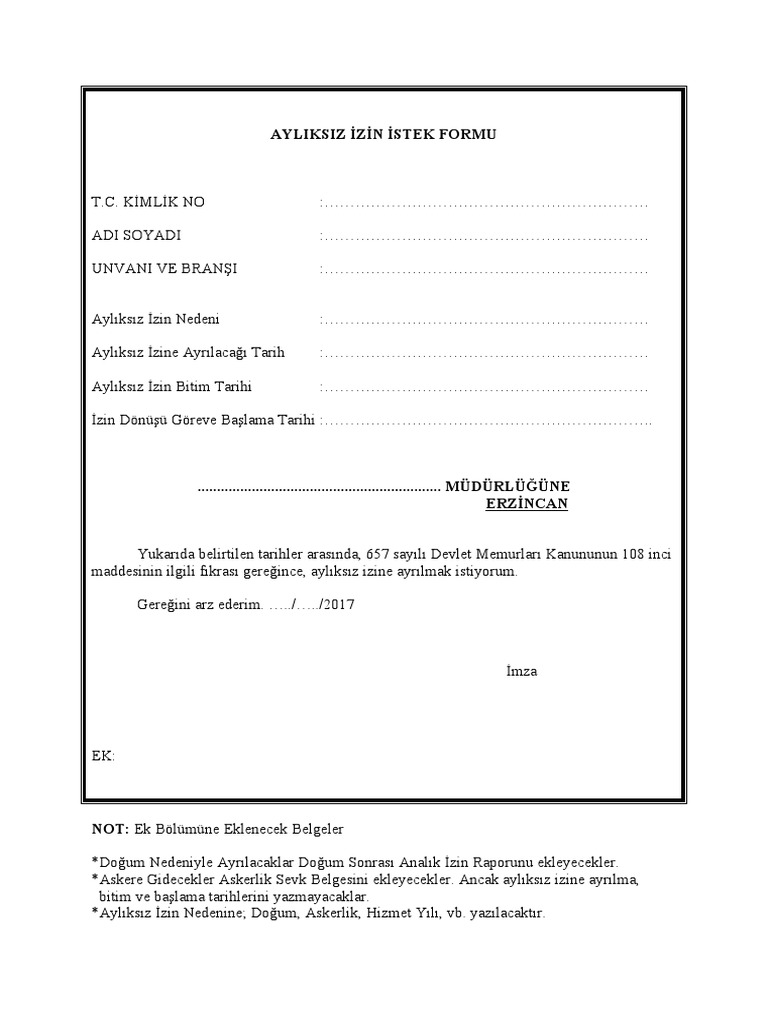 Ayliksiz İzi̇n İstek Formu | PDF