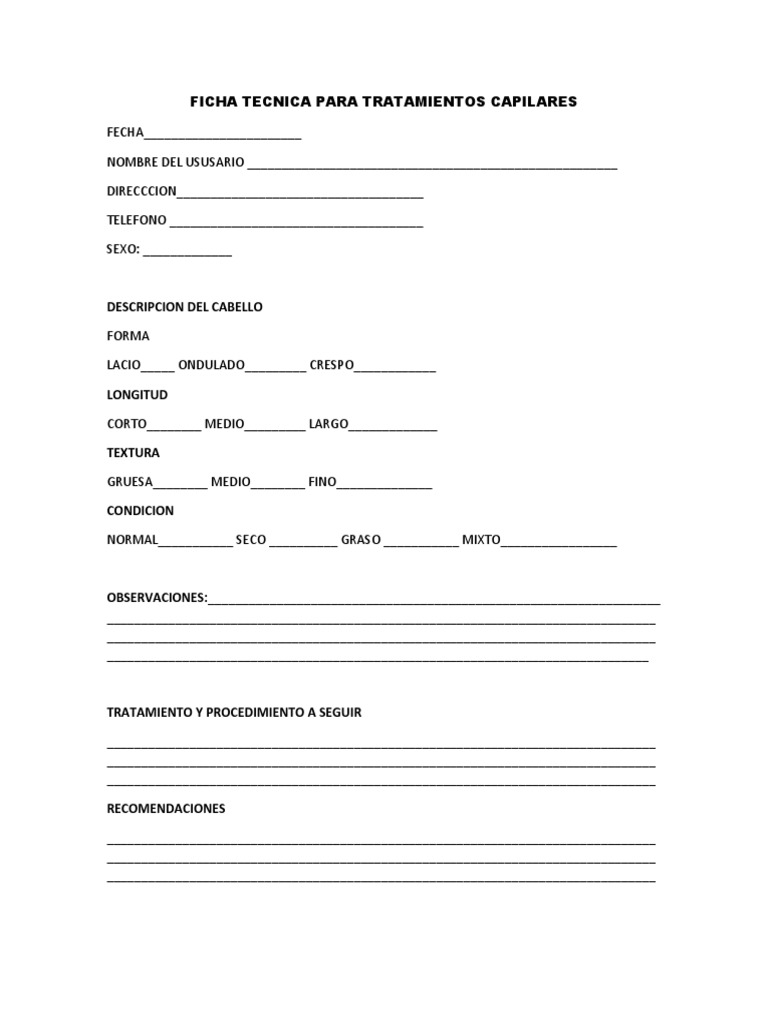 Ficha Tecnica para Tratamientos Capilares | PDF