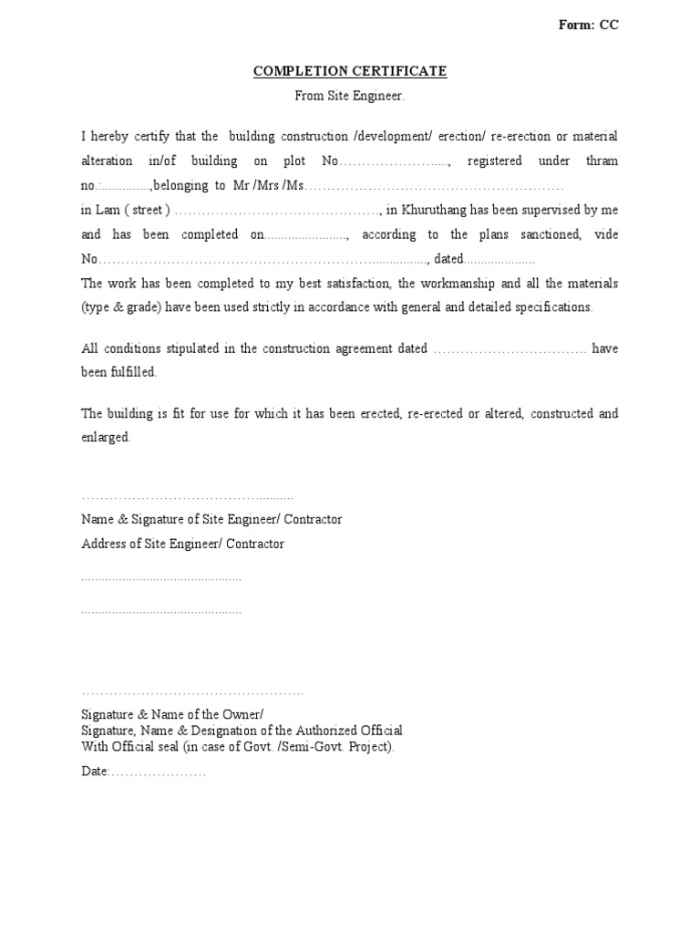 Certificate Of Completion Construction Templates