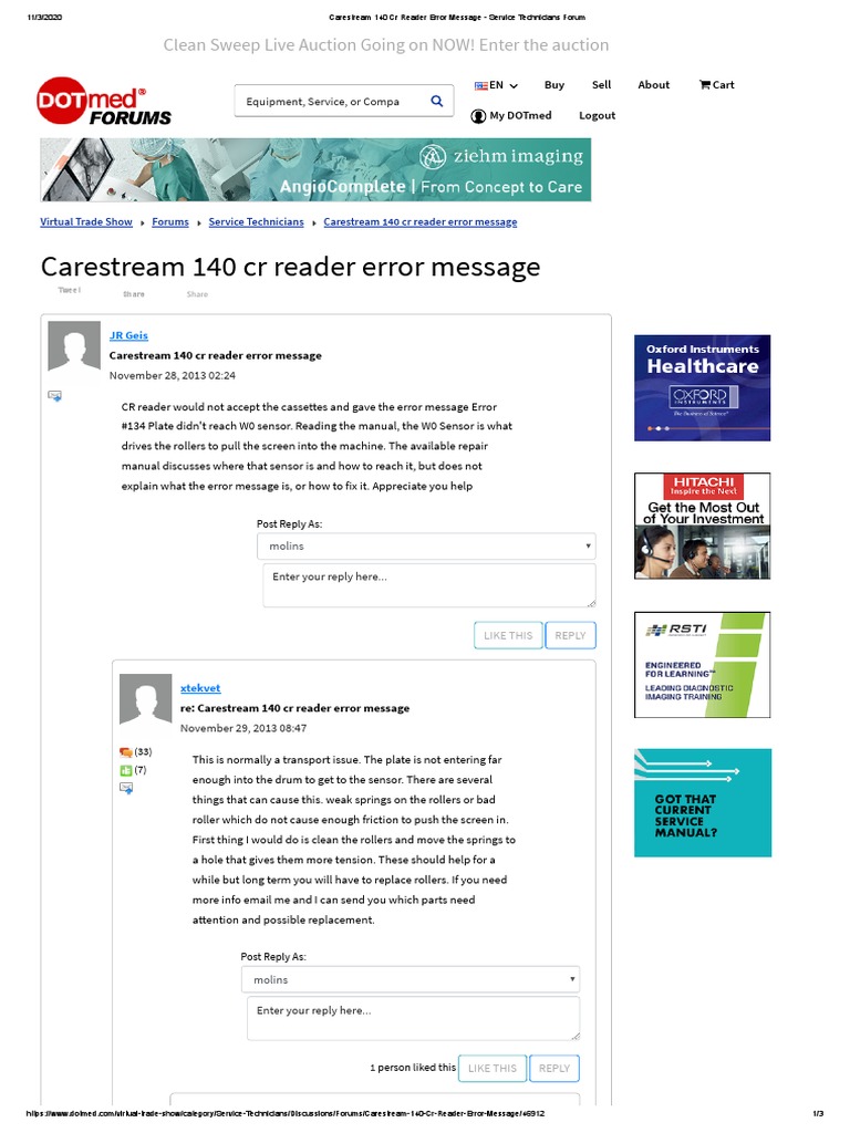 Carestream 140 CR Reader Error Message - Service Technicians Forum ...