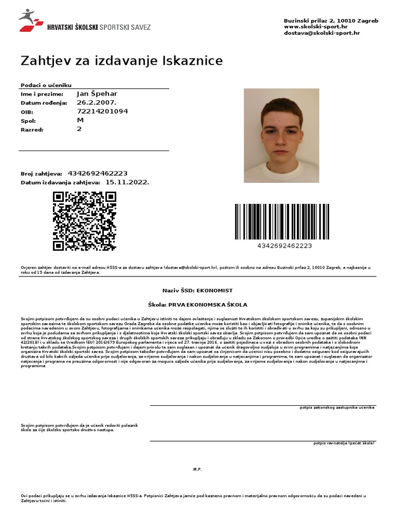 Zahtjev Za Izdavanje Iskaznice: Jan Špehar 26.2.2007. 72214201094 M 2 | PDF