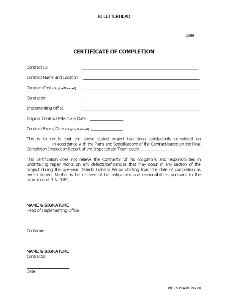 Certificate of Completion for Contract | PDF