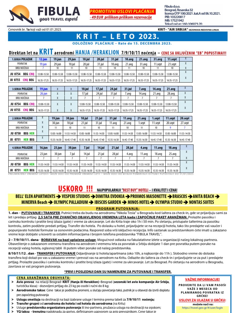 KRIT AVIONOM Program Putovanja Leto 2023 PDF | PDF | Service Industries ...