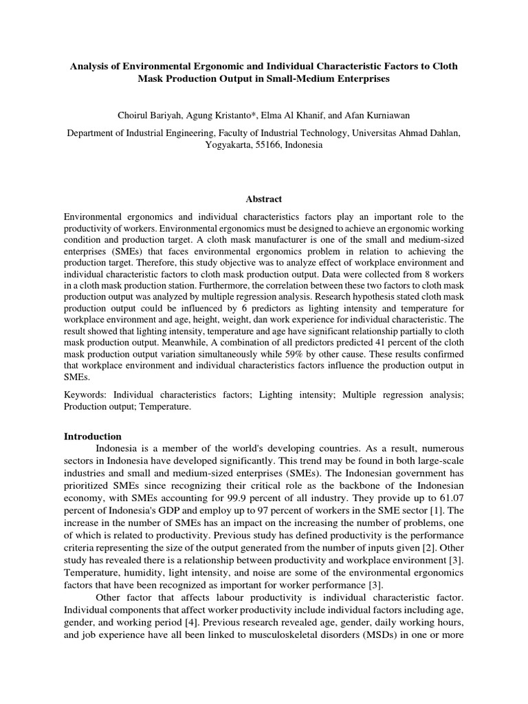 Analysis of Environmental Ergonomic and Individual Characteristic ...