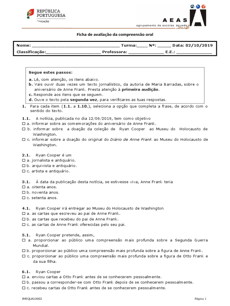 Ficha Comp Oral1 | PDF | Anne Frank | O Holocausto