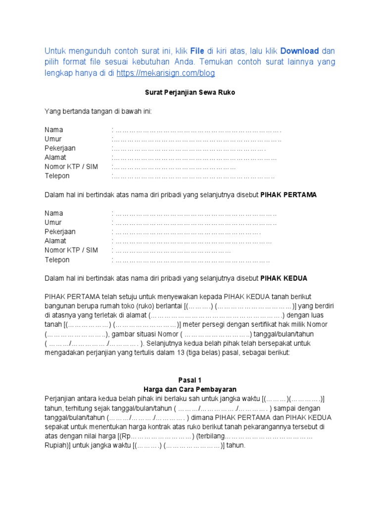 Contoh Sewa Ruko Lengkap | PDF