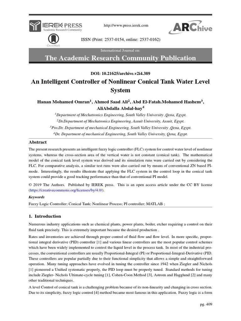 An Intelligent Controller of Nonlinear Conical Tank Water Level System | PDF | Control Theory ...