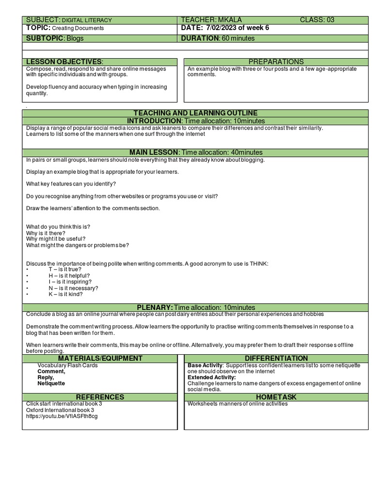 Year 3 ICT Lesson Plan Week 6 PDF | Download Free PDF | Learning ...
