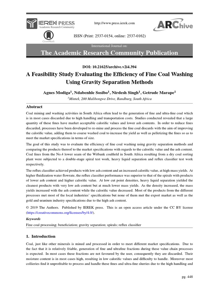 A Feasibility Study Evaluating The Efficiency of Fine Coal Washing ...