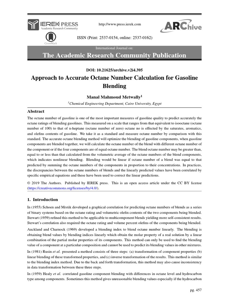 Approach To Accurate Octane Number Calculation For Gasoline Blending ...