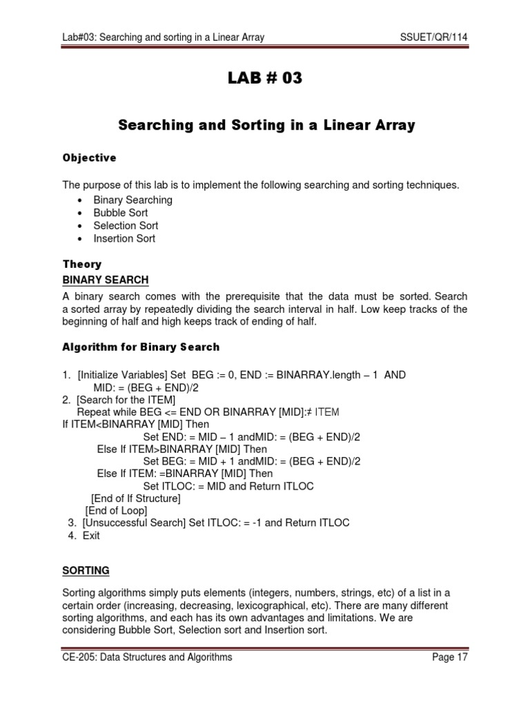 Lab#03 Searching and Sorting | PDF | Algorithms And Data Structures ...