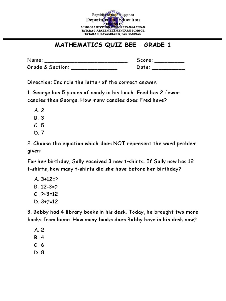 Mathematics Quiz Bee Grade 1 | PDF | Mathematics