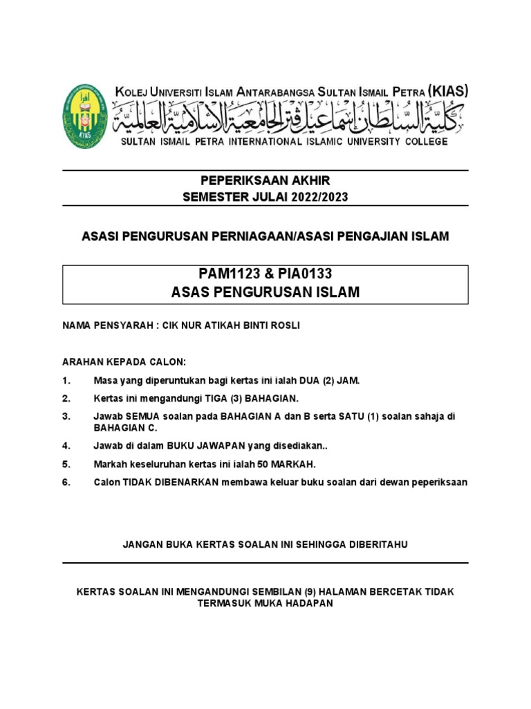 Muka Surat Hadapan Soalan Final Asas Pengurusan Islam Set I | PDF
