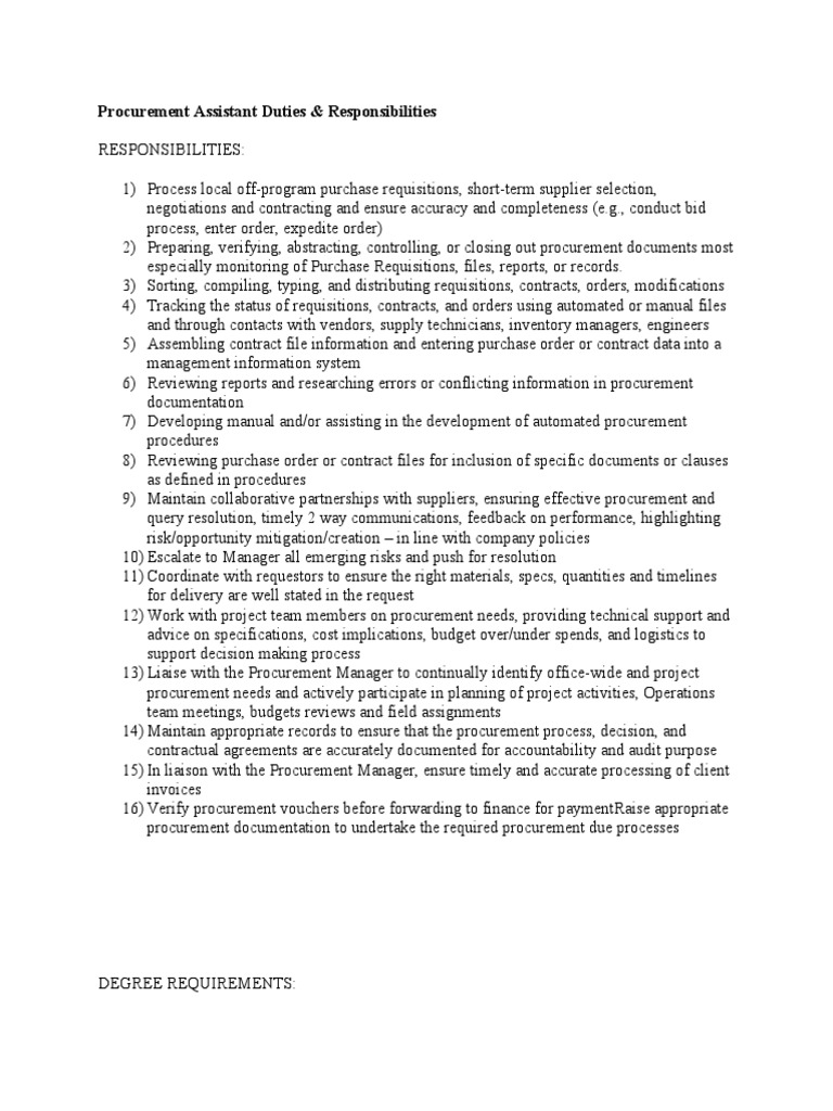 Procurement Assistant Duties | PDF | Procurement | Business