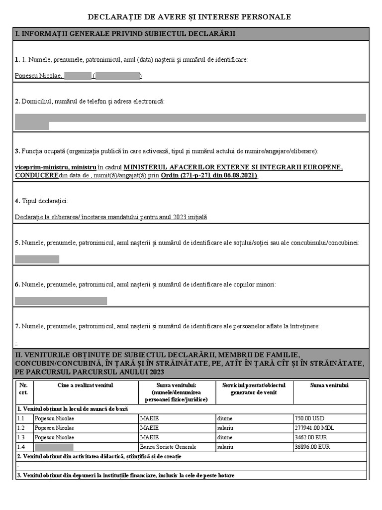 Declarație de Avere Și Interese Personale: I. Informații Generale ...