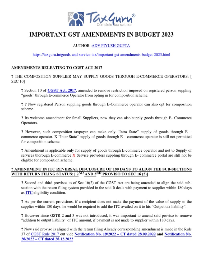 Important GST Amendments in Budget 2023 - Taxguru - in PDF | PDF ...