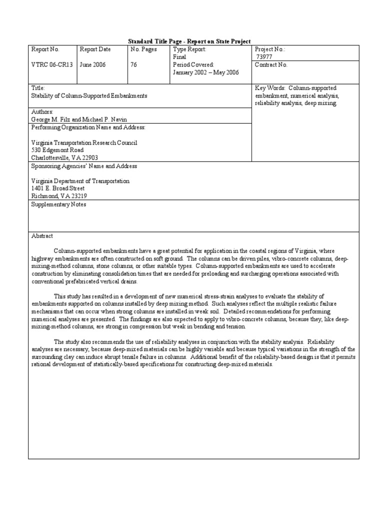 Filz & Navin (2006) (VTRC 06-CR13) Stability of Column-Supported Embankments | PDF | Reliability ...