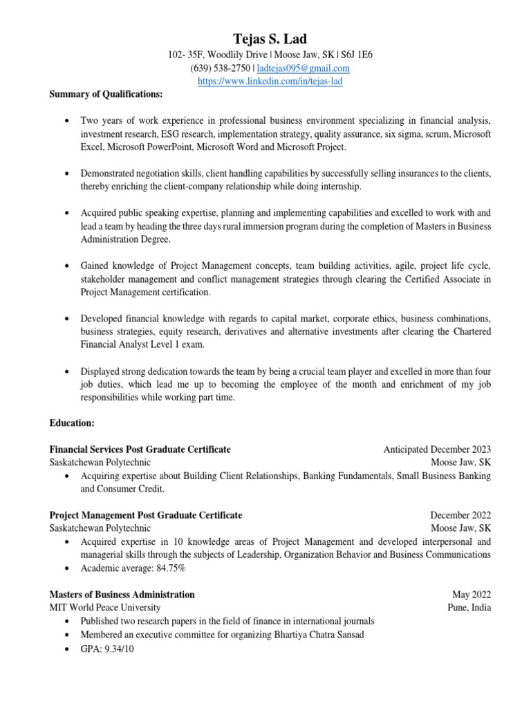Resume Tejas | Download Free PDF | Business | Project Management