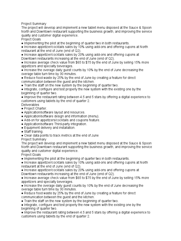 Project Charter | PDF | Menu | Restaurants