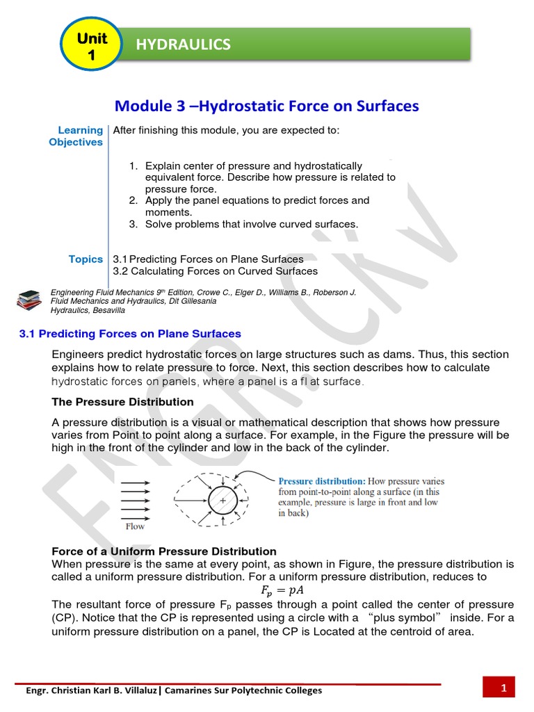 Module-3-HYDROSTATICS FORCES ON SURFACES.pdf | PDF | Pressure | Force