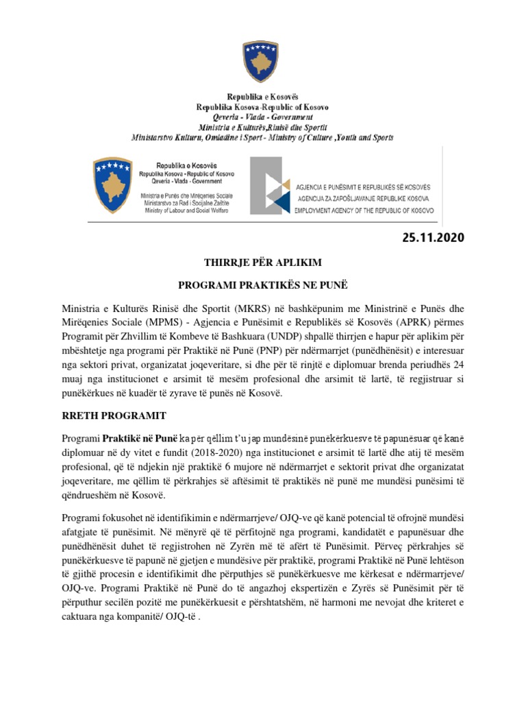 Thirrja Për Aplikim Programi Praktikës Në Punë | PDF