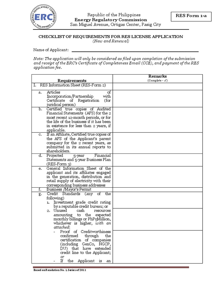 RES License Application Checklist | PDF | Public Utility | Business