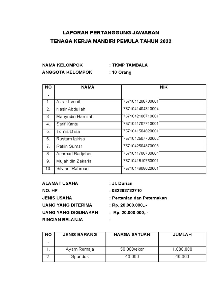 Laporan Pertanggungjawaban TKMP Tambala 2022 | PDF
