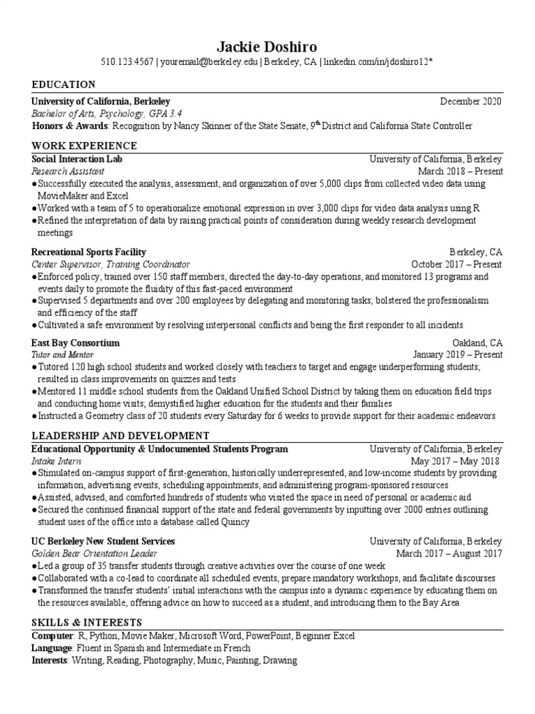 Junior Psychology Major With Varied Experience | PDF | Cognition | Learning
