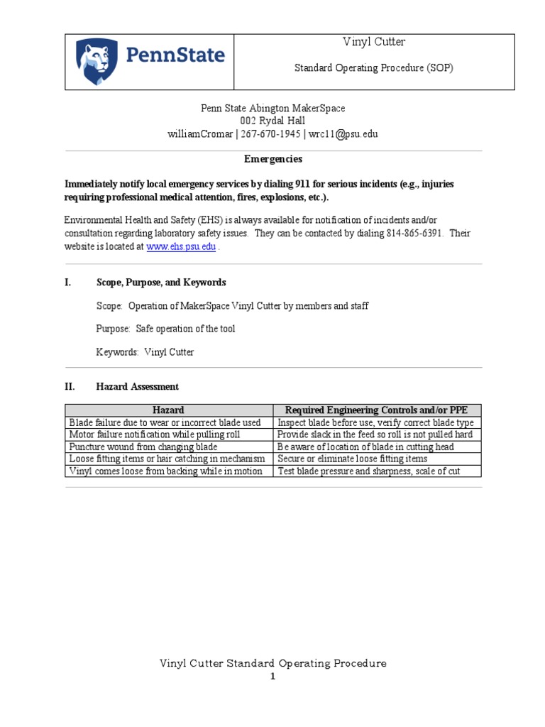 Sop Template 2018 v1 Makerspace Vinylcutter | PDF | Safety ...